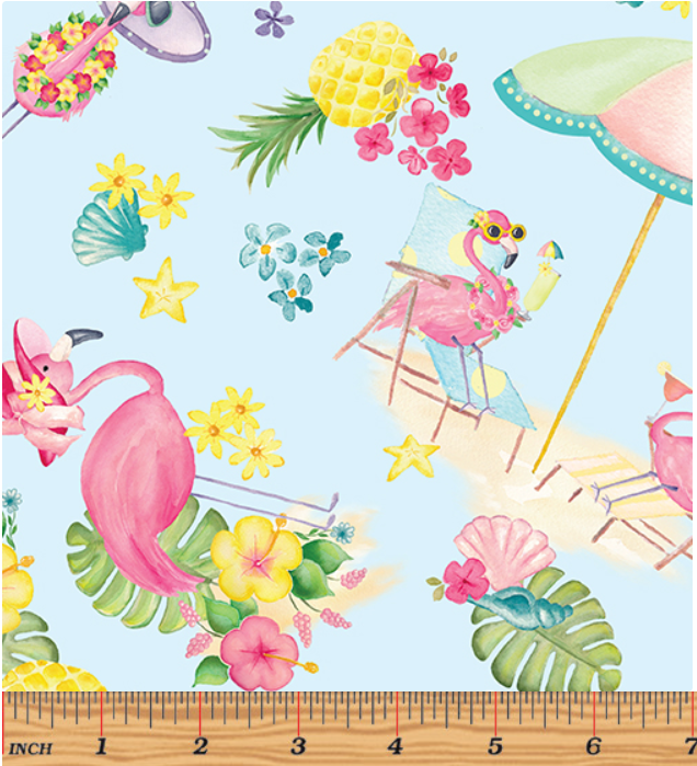 Kanvas - Fun in the Sun - Flamingo Paradise Sky Blue - 1/2 YARD CUT ...